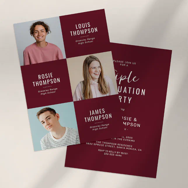 Triple Grad 3 Photo Burgundy Graduation Party Invitation | Zazzle