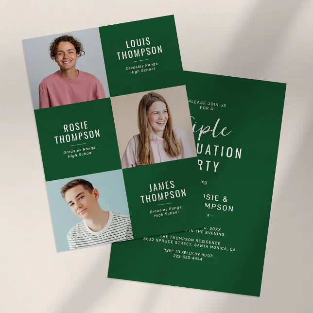 Triple Grad 3 Photo Green Graduation Party Invitation | Zazzle