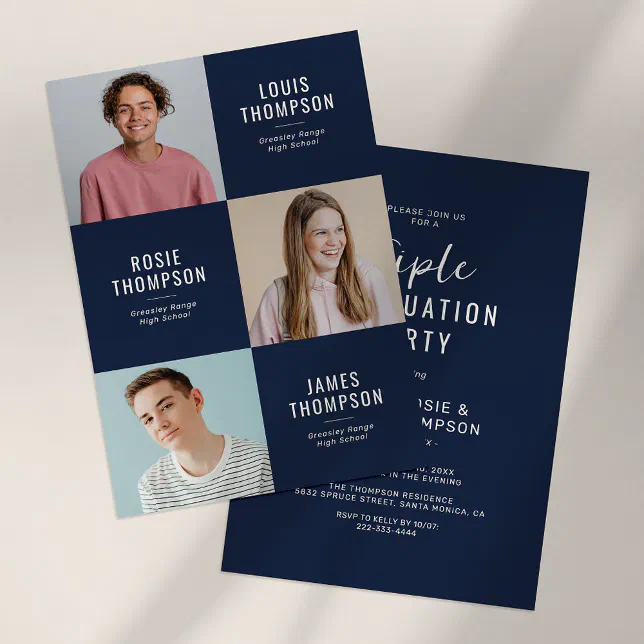Triple Grad 3 Photo Navy Graduation Party Invitation | Zazzle