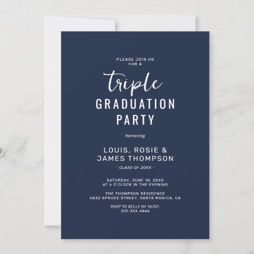 Triple Grad 3 Photo Navy Graduation Party Invitation | Zazzle