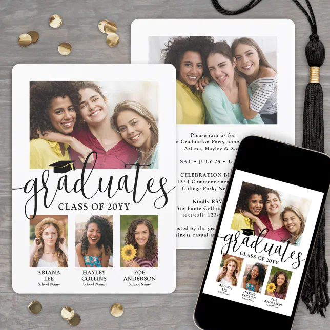 Triple Graduation 3 Graduates Photo Collage Joint Announcement | Zazzle