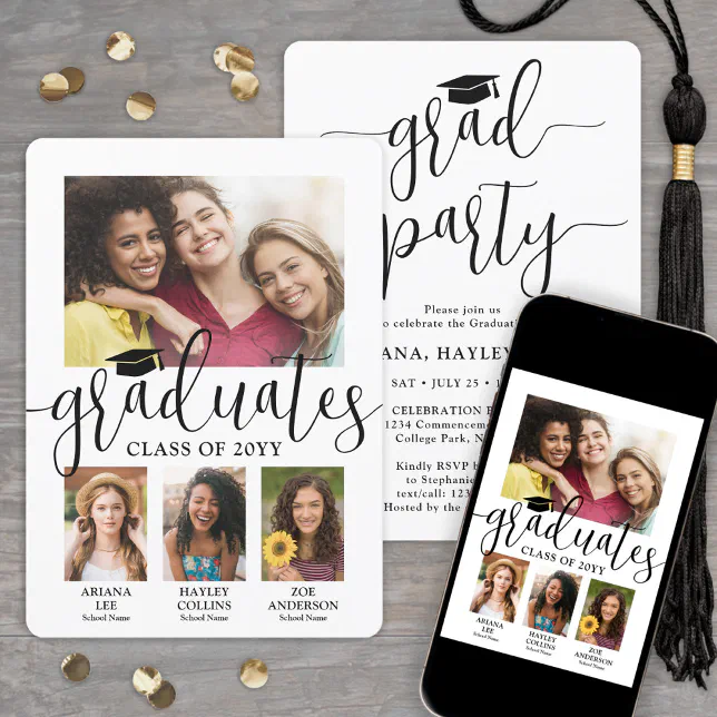 Triple Graduation 3 Graduates Photos Joint Party Invitation | Zazzle
