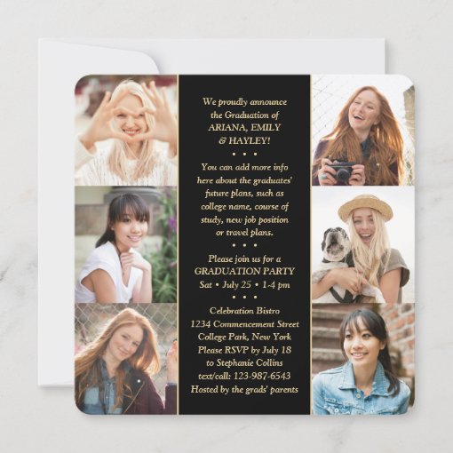 Triple Graduation Photo Collage Black & Gold Joint Announcement | Zazzle