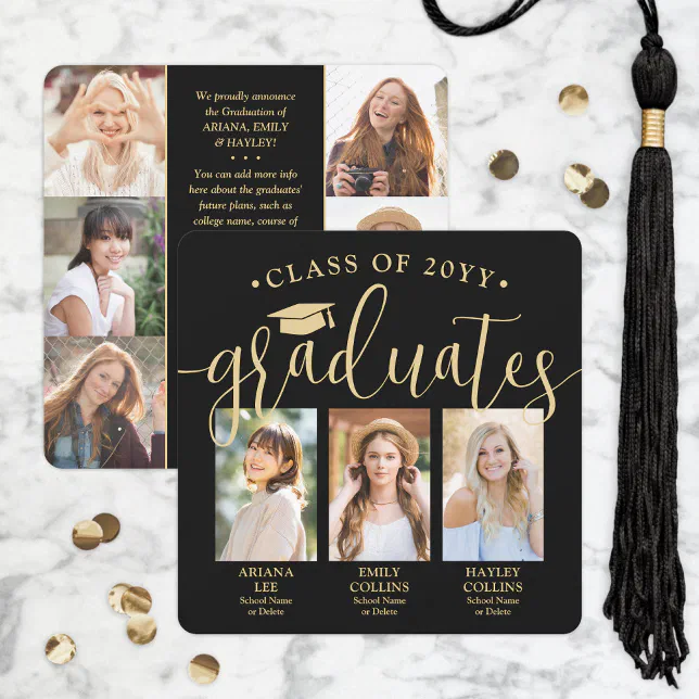 Triple Graduation Photo Collage Black & Gold Joint Announcement | Zazzle