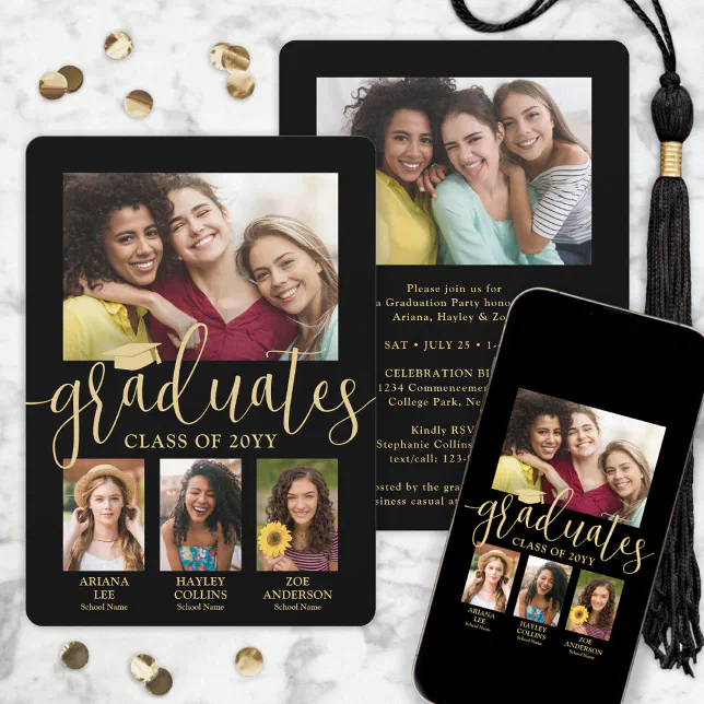 Triple Graduation Photo Collage Black & Gold Joint Announcement | Zazzle