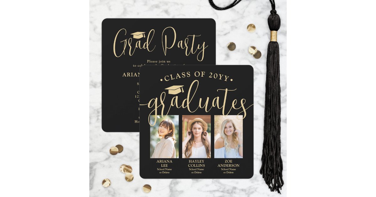 Triple Graduation Photos Black & Gold Joint Party Invitation | Zazzle