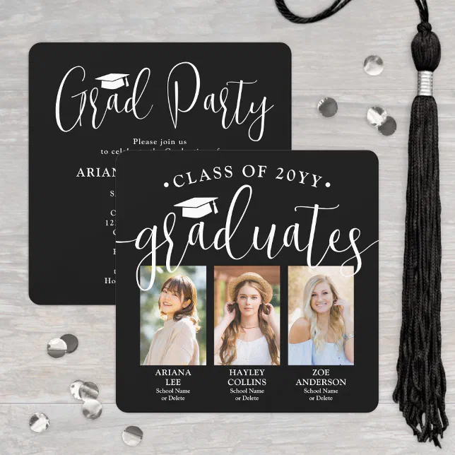 Triple Graduation Photos Black & White Joint Party Invitation | Zazzle