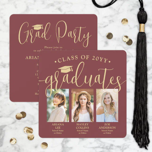 Triple Graduation Photos Burgundy Gold Joint Party Invitation | Zazzle