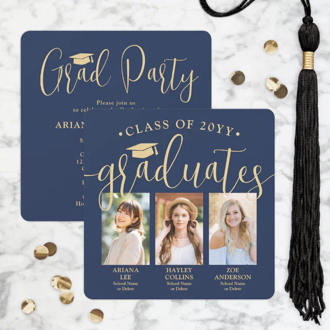 Triple Graduation Photos Navy & Gold Joint Party Invitation | Zazzle