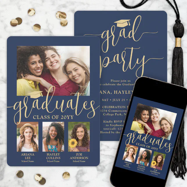 Triple Graduation Photos Navy & Gold Joint Party Invitation | Zazzle