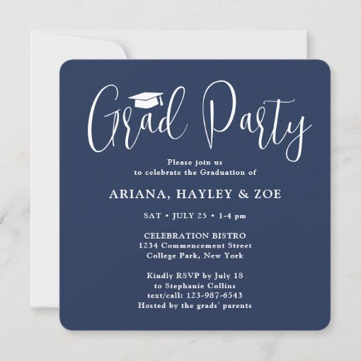 Triple Graduation Photos Navy & White Joint Party Invitation | Zazzle
