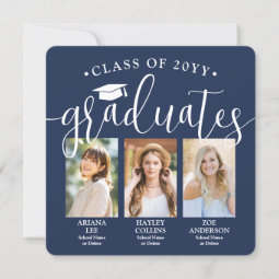 Triple Graduation Photos Navy & White Joint Party Invitation | Zazzle