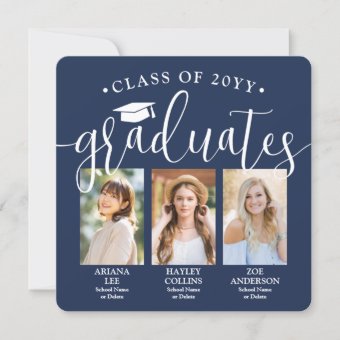 Triple Graduation Photos Navy & White Joint Party Invitation | Zazzle