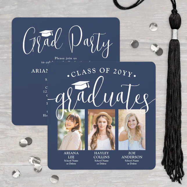 Triple Graduation Photos Navy & White Joint Party Invitation | Zazzle
