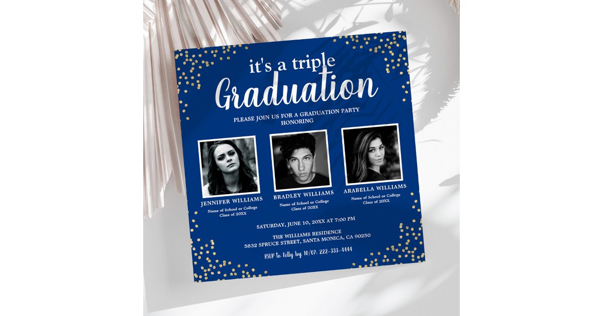 Triple Graduation Three Photo Blue Party Invitation | Zazzle