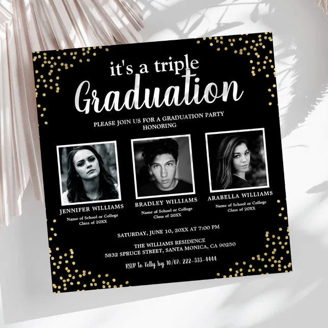 Triple Graduation Three Photo Party Invitation | Zazzle