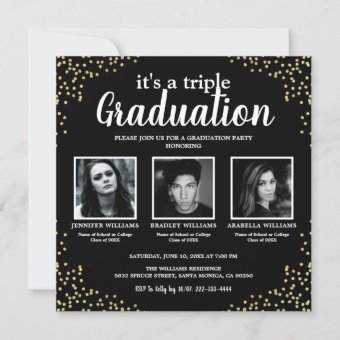 Triple Graduation Three Photo Party Invitation | Zazzle