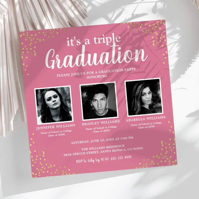 Triple Graduation Three Photo Pink Party Invitation | Zazzle