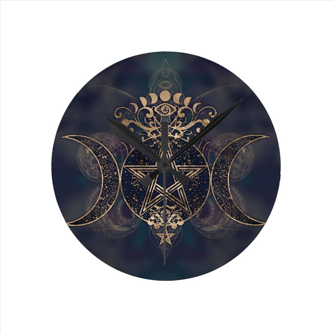Triple Moon - Triple Goddess Gold and Purples Round Clock | Zazzle