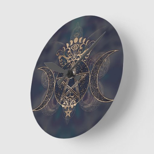 Triple Moon - Triple Goddess Gold and Purples Round Clock | Zazzle