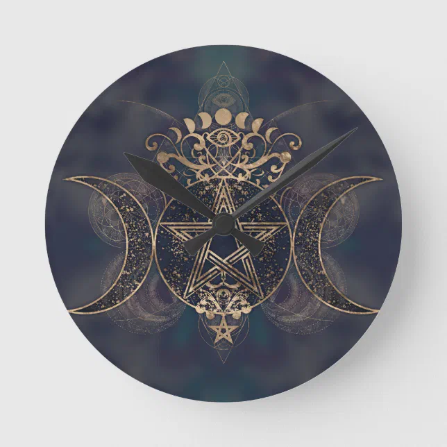 Triple Moon - Triple Goddess Gold and Purples Round Clock | Zazzle