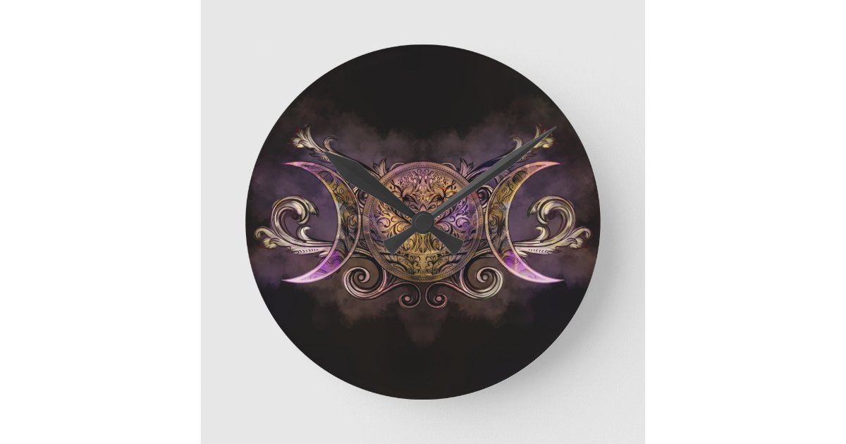 Triple Moon - Triple Goddess -Midnight shimmer Round Clock | Zazzle