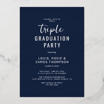 Triple Photo 3 Grad Navy Silver Graduation Party Foil Invitation | Zazzle