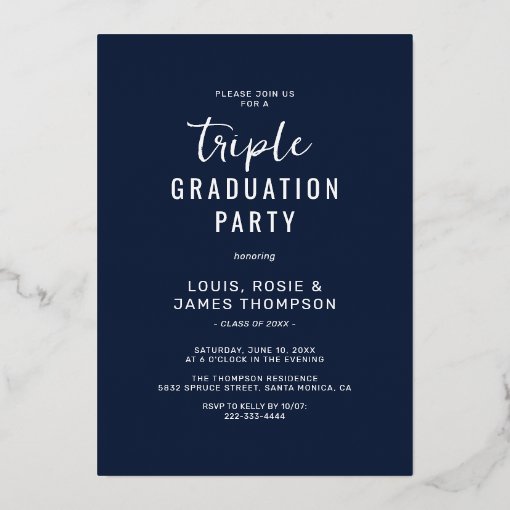 Triple Photo 3 Grad Navy Silver Graduation Party Foil Invitation | Zazzle