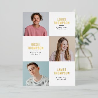 Triple Photo 3 Grad White Gold Graduation Party Foil Invitation | Zazzle