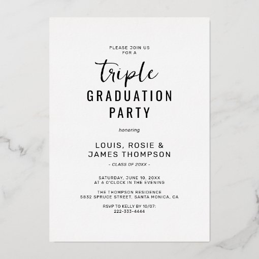 Triple Photo 3 Grad White Gold Graduation Party Foil Invitation | Zazzle