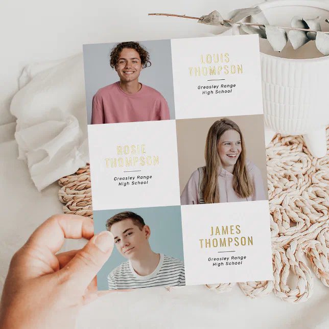 Triple Photo 3 Grad White Gold Graduation Party Foil Invitation | Zazzle