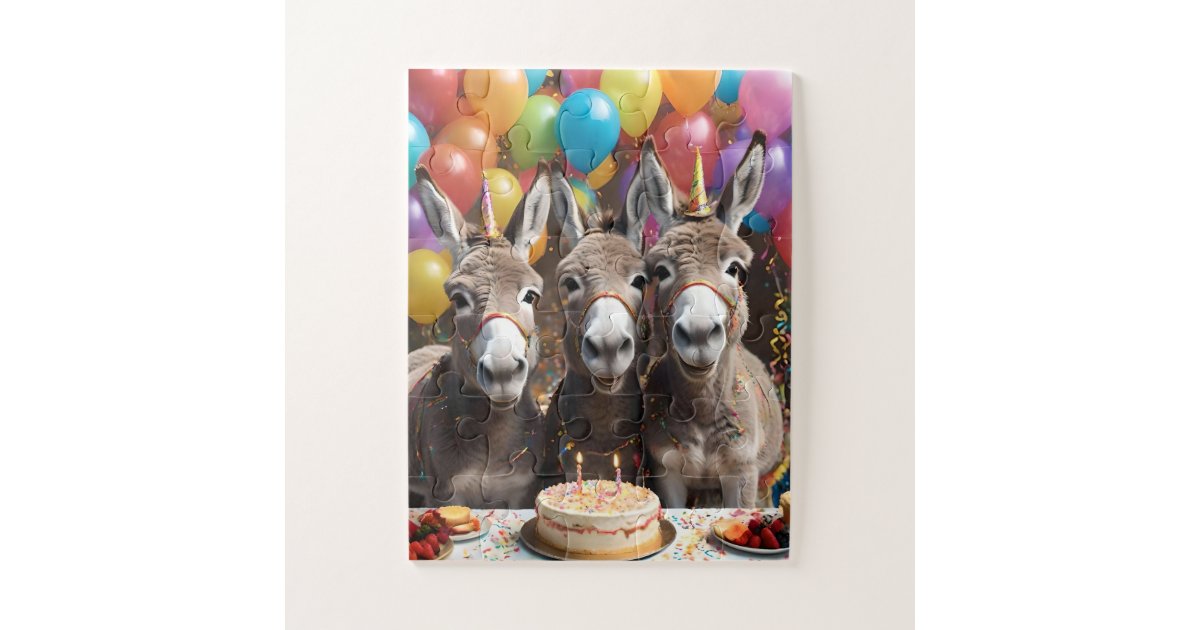 Triple the Joy: Donkey Triplets' Birthday Bash Jigsaw Puzzle | Zazzle