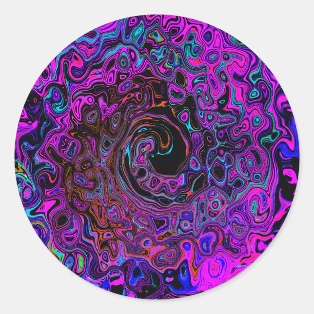 Trippy Black and Magenta Retro Liquid Swirl Classic Round Sticker | Zazzle
