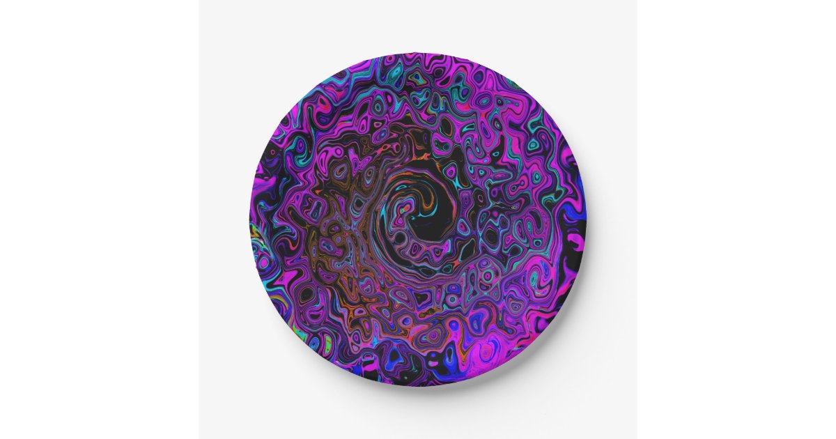 Trippy Black and Magenta Retro Liquid Swirl Paper Plates | Zazzle