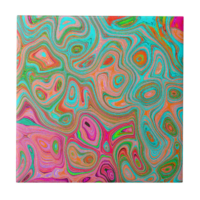Trippy Retro Orange and Aqua Groovy Abstract Art Ceramic Tile | Zazzle