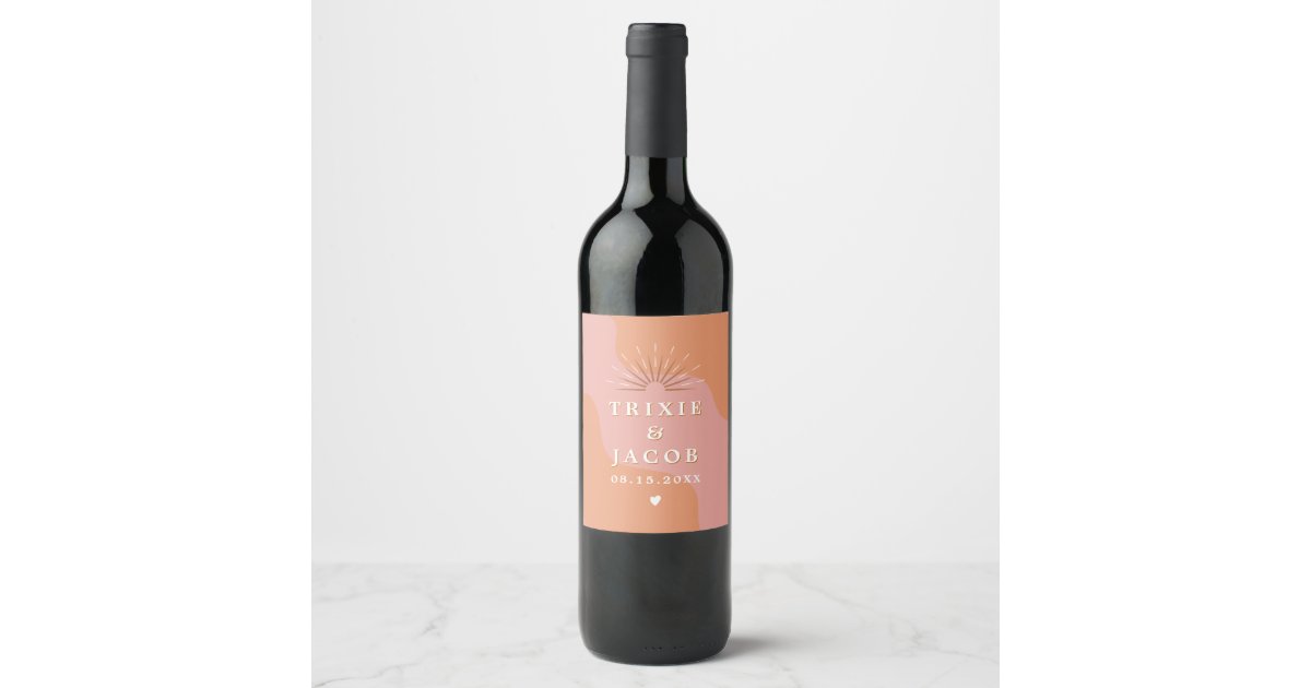 TRIXIE Retro Pink & Orange 70s Wedding Wine Label | Zazzle