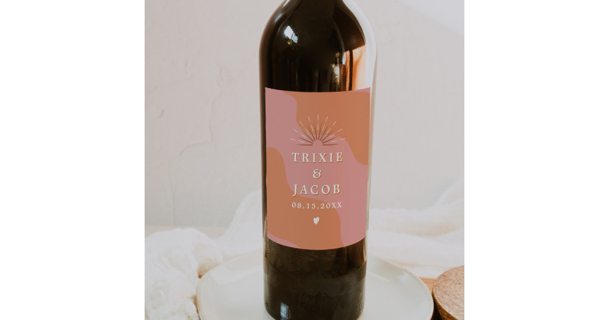 TRIXIE Retro Pink & Orange 70s Wedding Wine Label | Zazzle