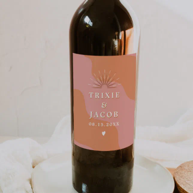 TRIXIE Retro Pink & Orange 70s Wedding Wine Label | Zazzle
