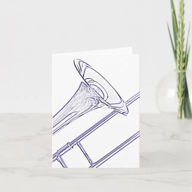 Trombone Greeting Card Blue Ink Drawing | Zazzle