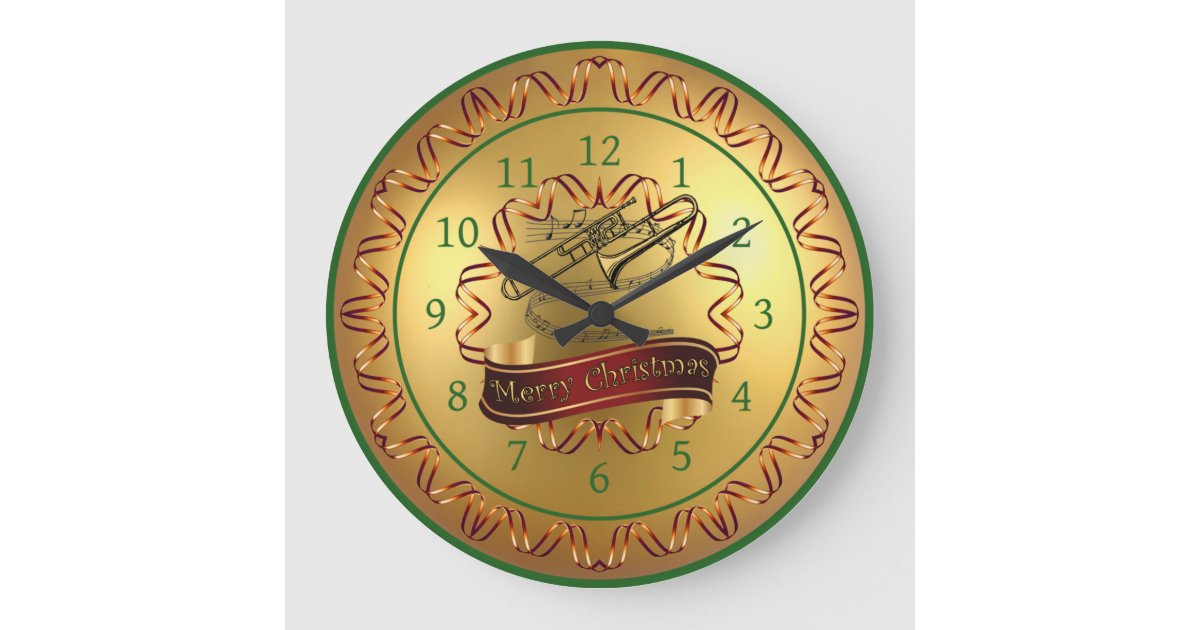 Trombone ~ Musical Scroll ~ Gold “Merry Christmas” Large Clock | Zazzle