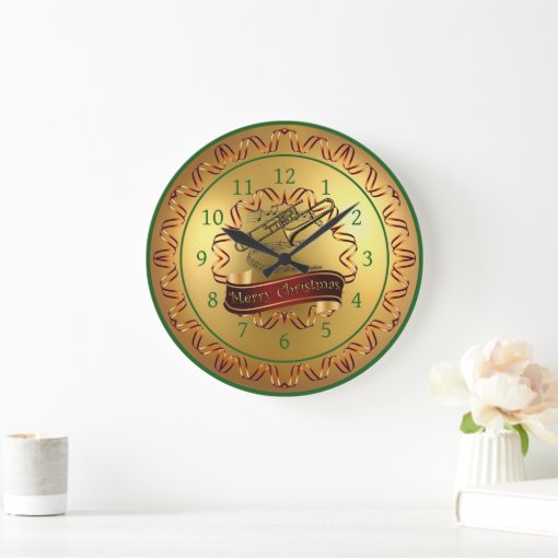 Trombone ~ Musical Scroll ~ Gold “Merry Christmas” Large Clock | Zazzle