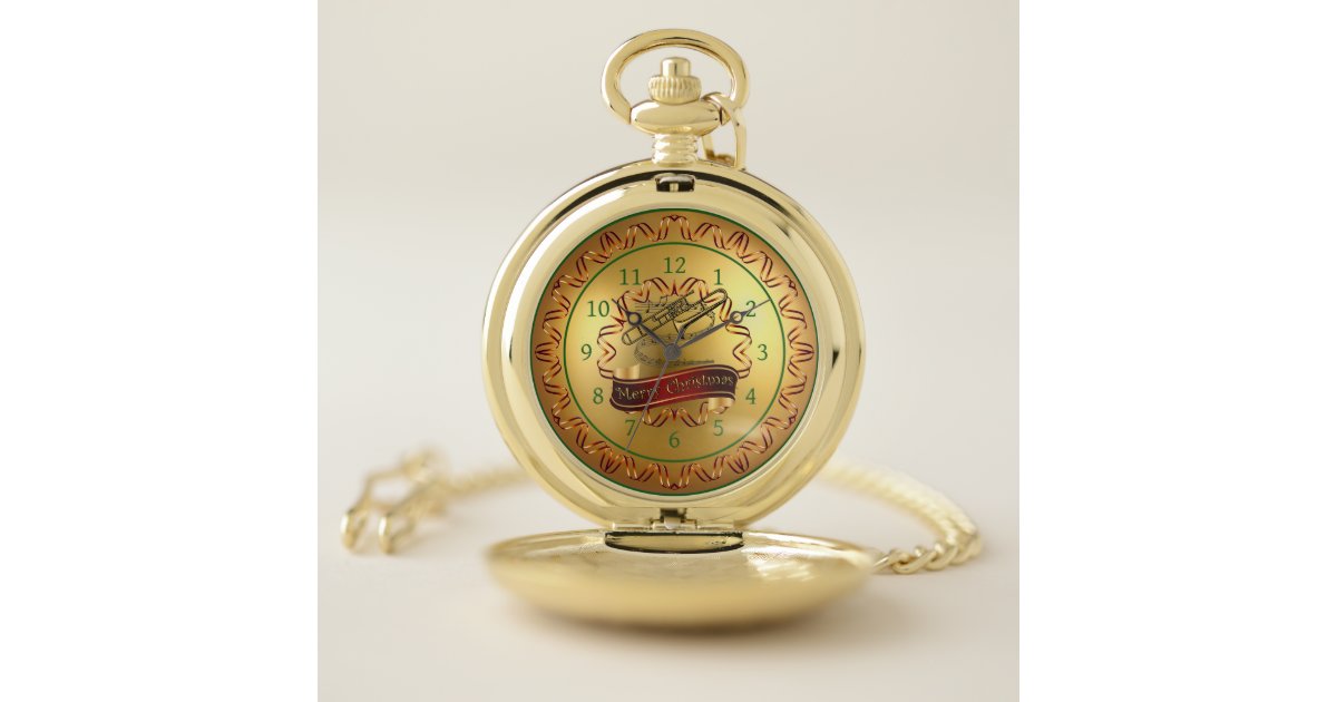 Trombone ~ Musical Scroll ~ Gold “Merry Christmas” Pocket Watch | Zazzle