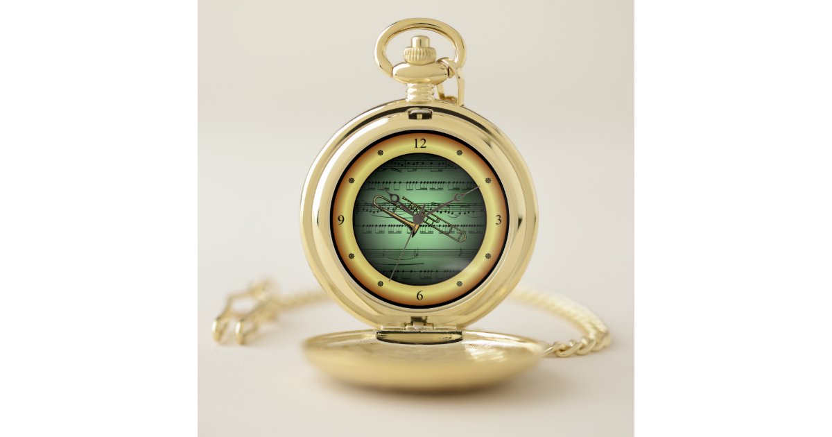 Trombone ~ Sheet Music ~ Green/Gold Background ~ Pocket Watch | Zazzle