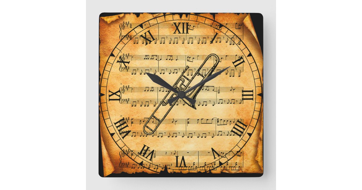 Trombone ~ Vintage Sheet Music Background ~ Unique Square Wall Clock ...