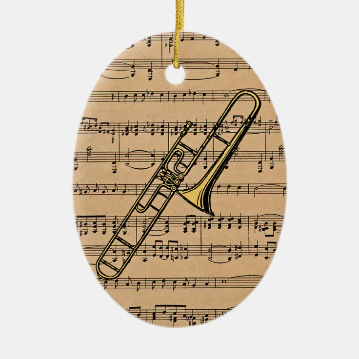 Trombone With Sheet Music Background Ceramic Ornament | Zazzle