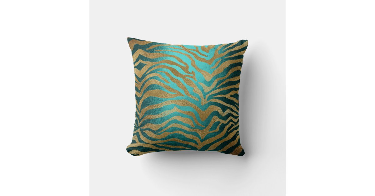 Tropical African Teal Gold Glam Zebra Animal Skin Throw Pillow | Zazzle