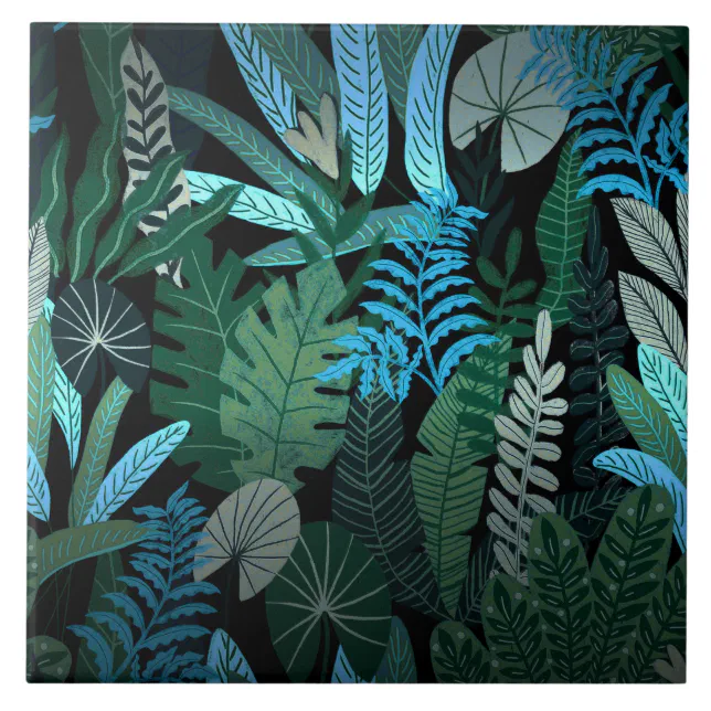 Tropical Aloha Exotic Blue Jungle Pattern at Night Ceramic Tile | Zazzle