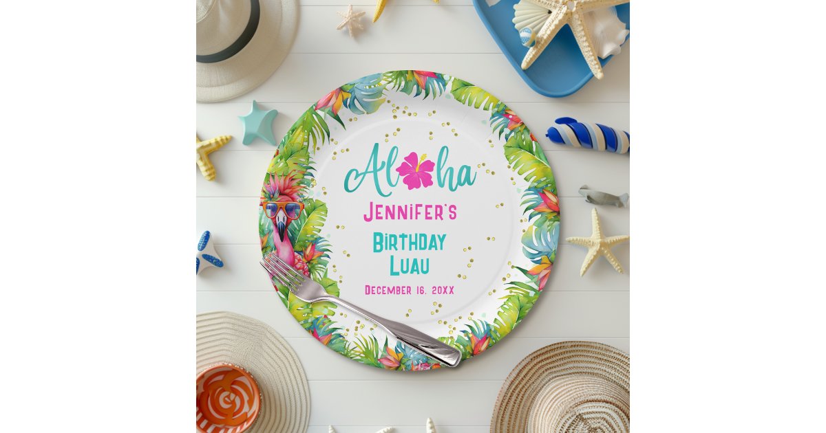 Tropical Aloha Flamingo Birthday Luau Paper Plates | Zazzle