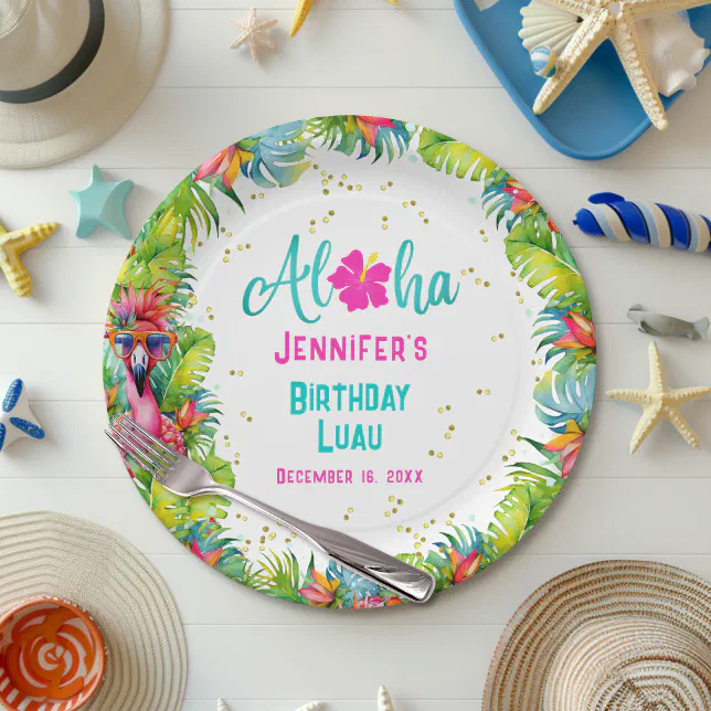 Tropical Aloha Flamingo Birthday Luau Paper Plates | Zazzle