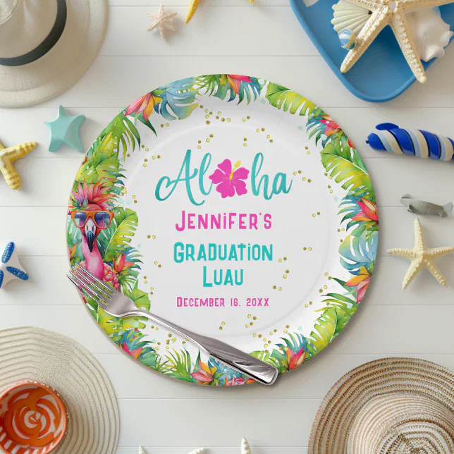Tropical Aloha Flamingo Graduation Luau Paper Plates | Zazzle